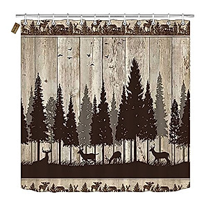SKAILIÉ 4PCS Deer Shower Curtain Set, Moose Elk Bear Pine Tree Woodland Animal Wildlife Hunting Lodge Cabin Country Rustic Farmhouse Bathroom Decor, Waterproof Fabric Shower Curtain, Non-slip Bath Mat