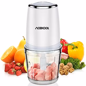 Mini Food Processor with 2.5 Cup Glass Bowl, Acekool Small Electric Food Chopper for Vegetables Meat Fruits Nuts Puree - 300W 2 Speed Kitchen Food Processor With Sharp Blades