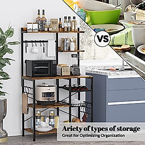 Kitchen Baker’s Rack with 2 Pull Out Wire Baskets, Microwave Stand with Storage Shelf & Wine Rack, 5-Tier Utility Coffee Bar Station with 10 Hooks for Spice Rack Organizer Workstation, Rustic Brown