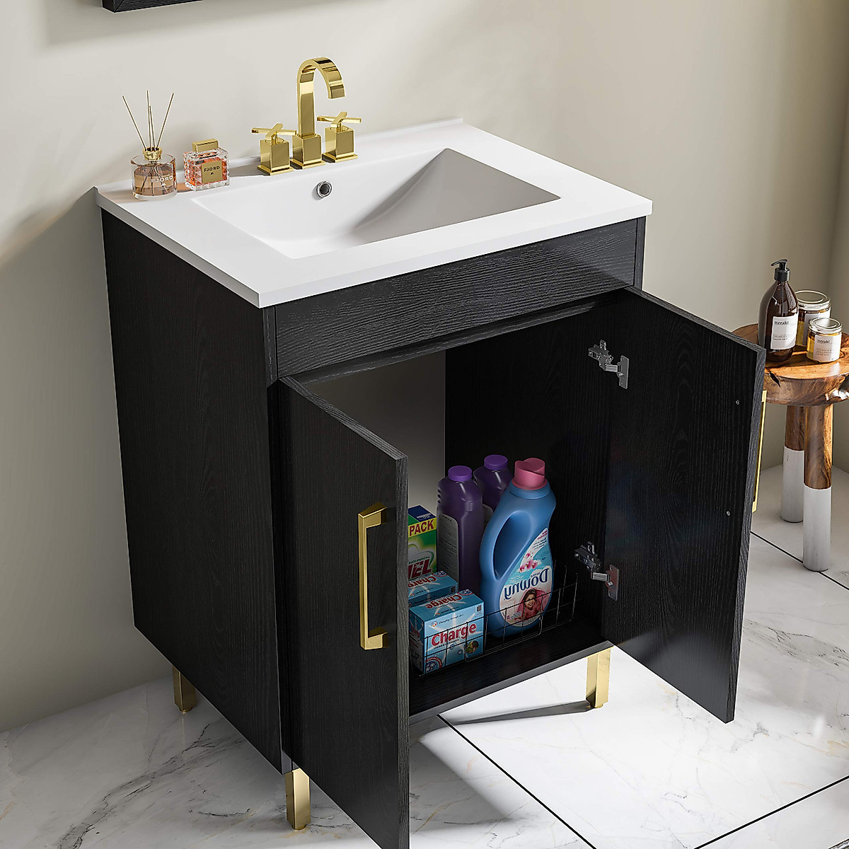 phiestina 24 Inch Black Bathroom Vanity with Ceramic Countertop Sink Combo, 2 Doors Black Bathroom Cabinet Set, BV01-MGD-BLACK