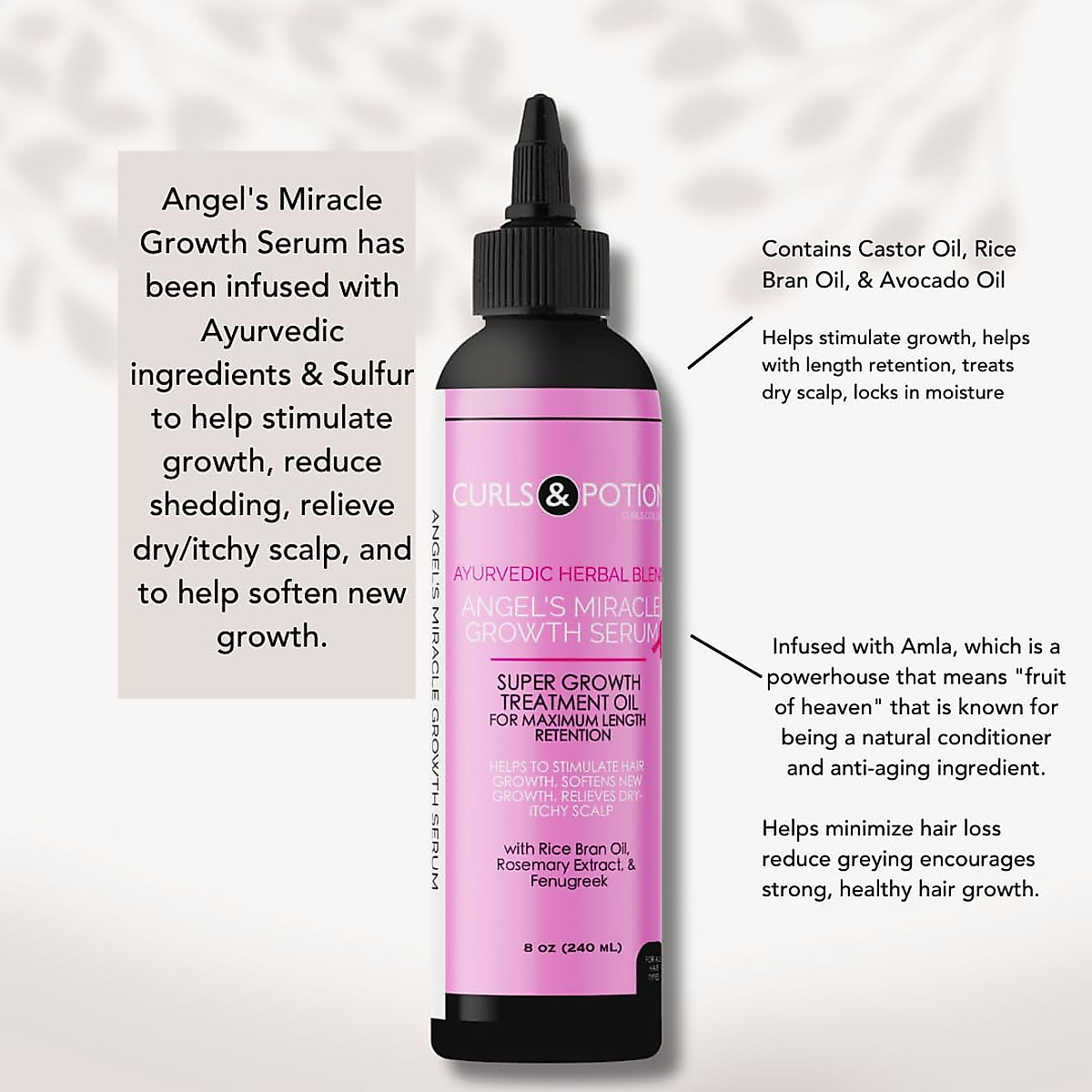 Curls & Potions Angel Serum Scalp & Hair Treatment Oil with Biotin & Essential Oils, Split Ends, Hair Growth, Dry Flaky Scalp for all hair types 8 oz