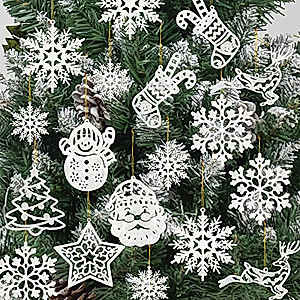 Christmas Tree Decoration Snowflake Ornaments - 42pcs White Glitter Christmas Snowflake Tree Stocking Snowman Reindeer Santa Hanging Ornaments for Xmas Winter Wonderland Holiday New Year Party