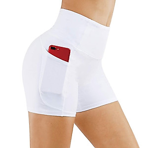 THE GYM PEOPLE High Waist Yoga Shorts for Women Tummy Control Fitness Athletic Workout Running Shorts with Deep Pockets (Large, White)