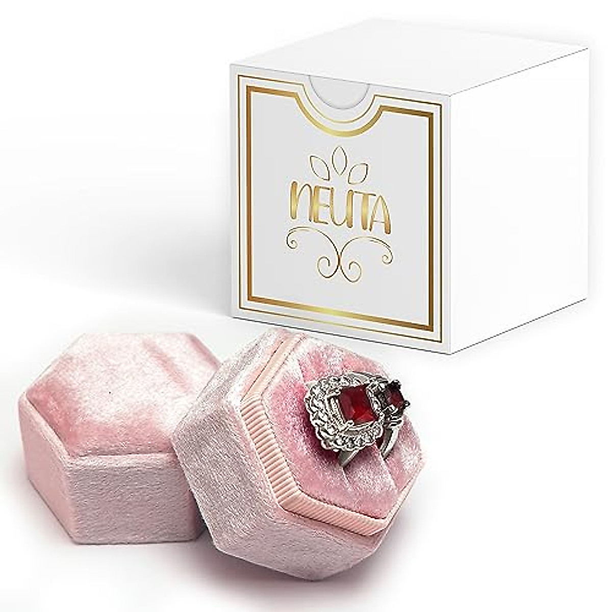 NEUTA Velvet Ring Box - Pink - 2 Slot Exquisite Wedding Ring Bearer Box - Gorgeous Hexagon Wedding Ring Box with Detachable Lid for Proposal, Engagement, Wedding, Ceremony, Storage & Safe Keeping…