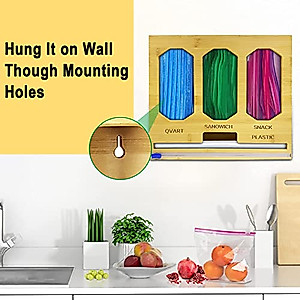 Ziplock Bag Organizer for Drawer, Bamboo Ziplock Baggie Organizer and Wrap Holder for Kitchen, Applies to Quart,Sandwich,Snack,Wax,Plastic, 4-Slot Wrap Dispenser with Cutter