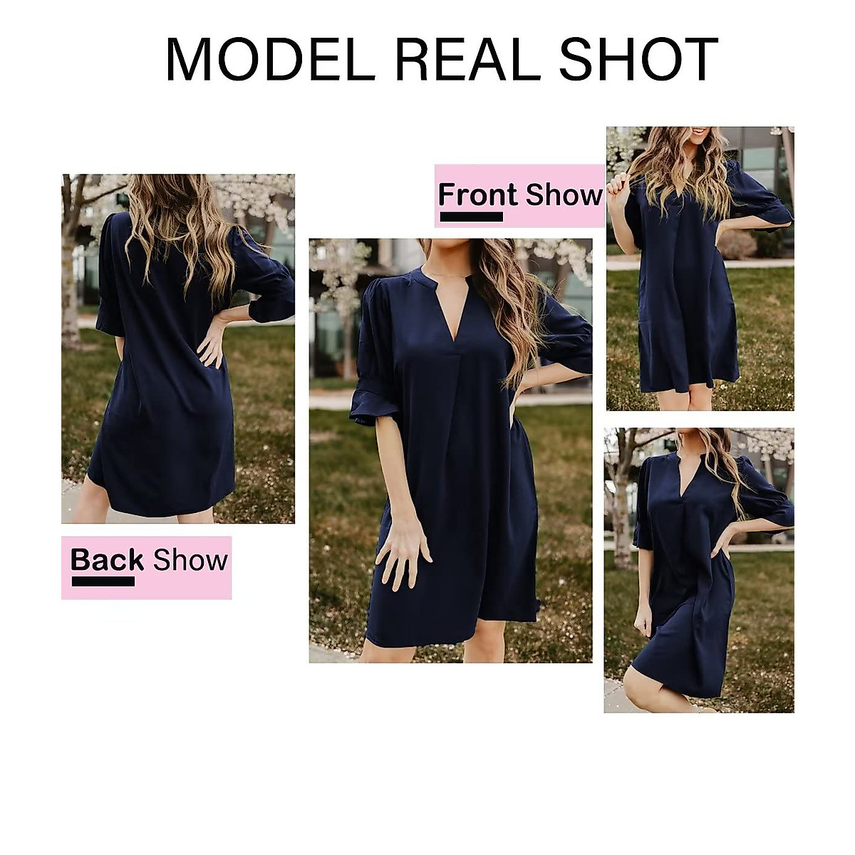 QACOHU Summer Dresses for Women 2025 Ruffle Sleeves Split V-Neck Straight Fit Solid Color Slim Dress Blue M