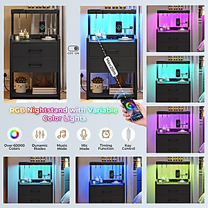 MSmask Black Night Stand with Charging Station, LED Night Stand with 2 Drawers and Open Storage Shelves, Modern Bedside Table with USB Ports&Outlets, End Side Table for Bedroom, Dorm