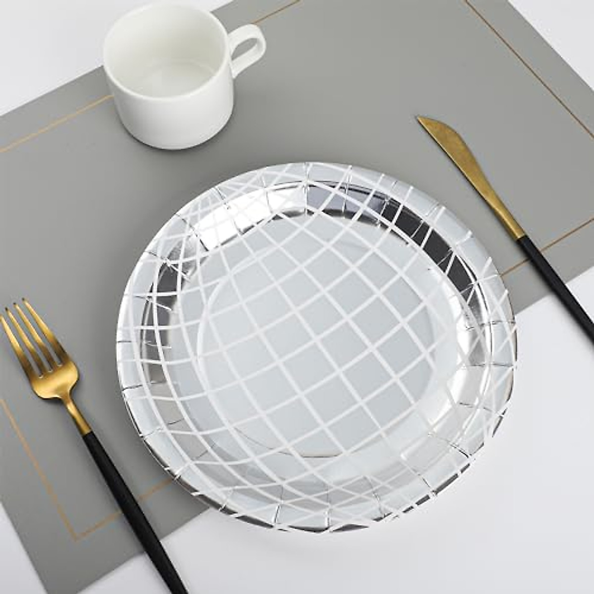 Fairooth 50 PCS Disco Paper Plates 9" Silver Foil Disposable Plates Disco Ball Dessert Dinner Plates 70’s Party Paper Tableware for Rock Roll Dance Music Party Supplies