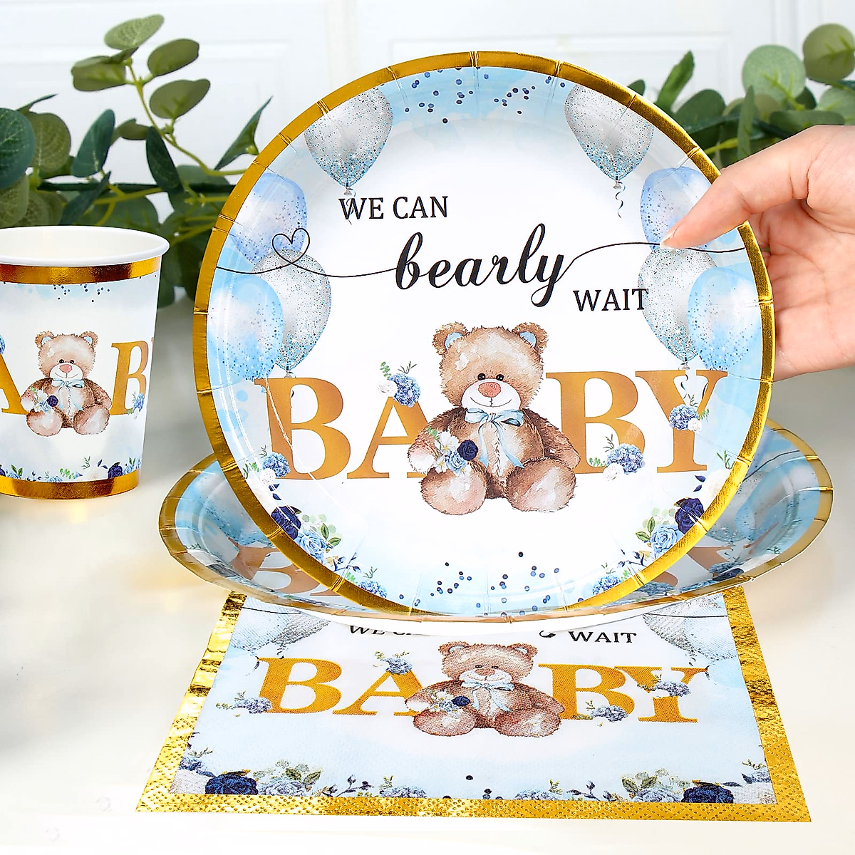 Teddy Bear Baby Shower Plates Napkins Tableware - We Can Bearly Wait Party Decorations Blue Teddy Bear Disposable Paper Plates Napkins Cups for Boy Girl Baby Shower Birthday Party Supplies