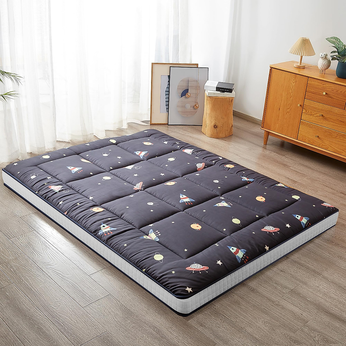 YOSHOOT 6 Inch Extra Thick Japanese Futon Floor Mattress, Foldable Mattress Tatami Pad Mattress for Adults Floor Bed Roll Up Mattress Guest Mattress, Navy Space, Queen