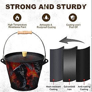 Poofzy Ash Bucket with Lid, 1.3 Gallon Ash Bucket for Fireplace, Metal Fireplace Bucket for Ashes Includes Shovel, Hand Broom and Gloves for Wood Burning Stove, Fire Pit and Grill