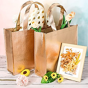 PHOGARY 12 Large Gift Bags with Handles, Stylish Tote Bags for Birthday Wedding Party Favor Christmas Present Wrap, Reusable Glossy Grocery Bags, non-woven fabric (Rose Gold)