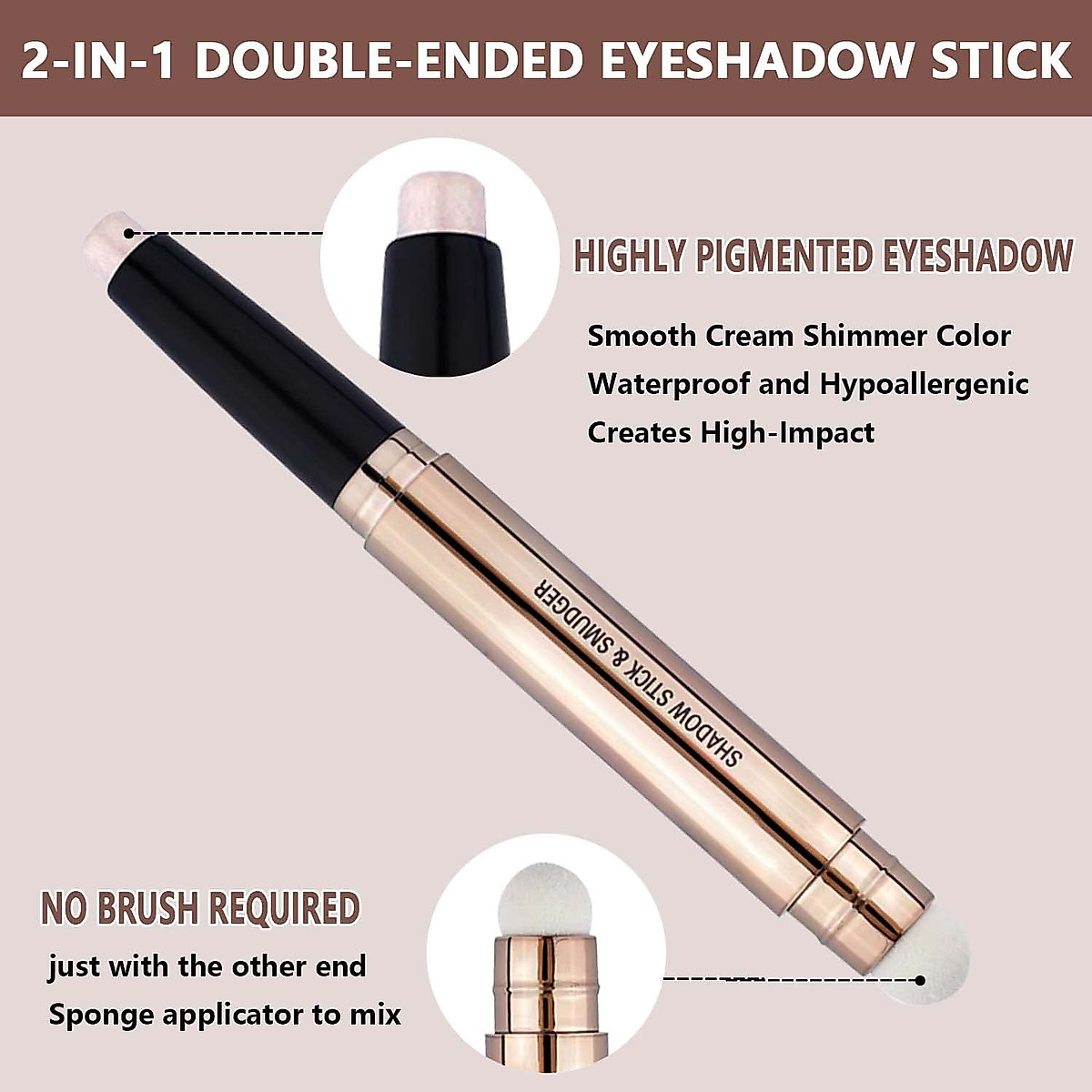 SAUBZEAN Light Gold Eyeshadow Stick Makeup, Waterproof Hypoallergenic Long Lasting Crayon, Glitter Primer Palette Shimmer Eyeliner Pen with Soft Brush