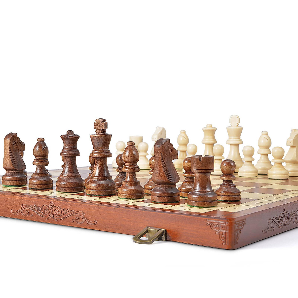 AMEROUS 15'' Wooden Chess Set with Upgraded Weighted Chess Pieces - 2 Extra Queen - Folding Board - Instructions - Gift Package - Chessmen Storage Slots, Classic Chess Board Game for Kids, Adults