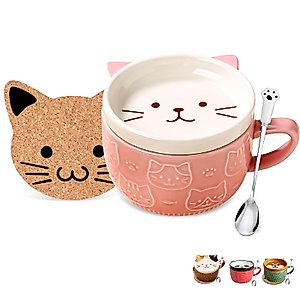 BigNoseDeer Cute Cat Mug Kawaii Tea Cup Pink Ceramic Coffee Mug with lid,Tea Cups and Saucers Cute Cool Preppy Stuff Cute Gifts Cat Gifts for women Cat Lovers Christmas Gifts 10oz