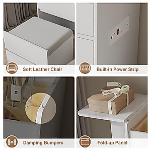 HIMAmonkey Small Makeup Vanity with Mirror and Lights, 3-in-1 Vanity Desk with 3 Drawers, Corner Vanity Set with Soft Stool, Compact Dressing Table for Living Room/Bedroom-19.7in/White