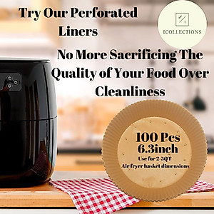 ICOLLECTIONS 100 Pcs Perforated Air Fryer Paper Liners for Crispy Food - Oil and Water Proof Non-Stick Air Fryer Disposable Paper Liners for Baking and Roasting - 6.3 Inch Round Air Fryer Liners