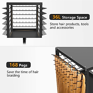 Yumkfoi Steel Braiding Hair Rack – Adjustable Height, 168 Pegs Hair Extension Holder, 3 Sided Standing Braid Rack Hair Separator with 5 Wheels and 1 Storage Shelf, Hair Stand for Hairstylist
