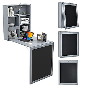 IFANNY Folding Wall Desk, Wall Mounted Fold Out Desk with Storage Shelves & Hooks, Hideaway Desk Wall Mount with Chalkboard, Floating Corner Desk for Small Spaces (Gray)