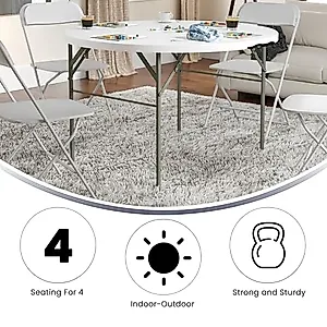 Flash Furniture Freeman 4' Round Plastic Folding Event Table with Carrying Handle, Bi-Fold Portable Banquet Table for Indoor/Outdoor Events, White