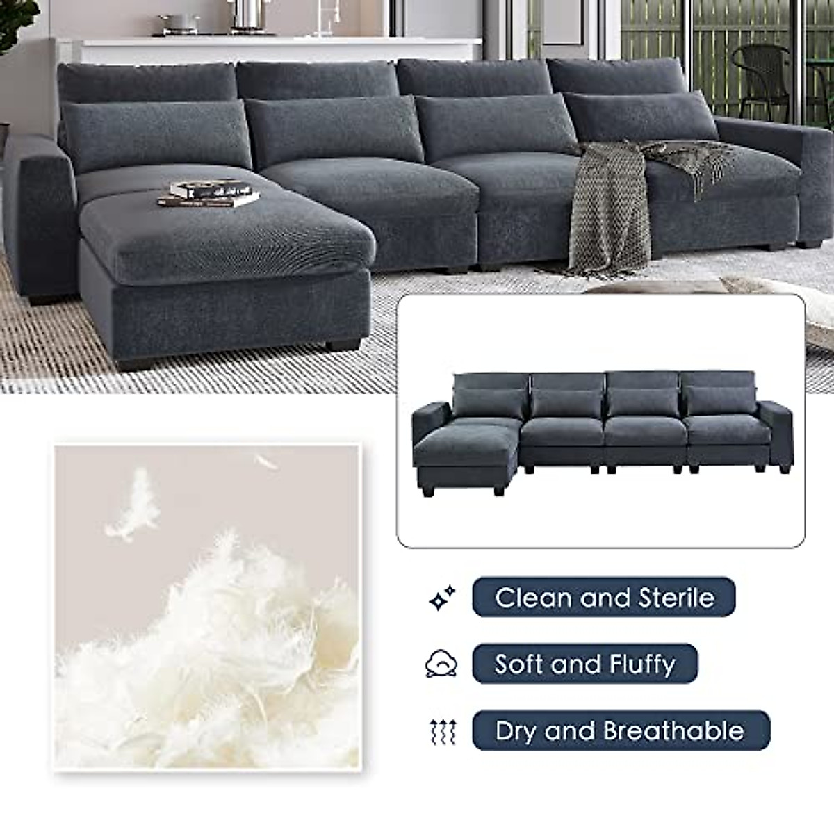 130" L-Shaped Convertible Modular Sectional Sofa with Reversible Chaise, Feather Filled, 5-Seat, 4 Pillows
