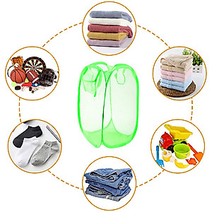 3PCS Mesh Laundry Pop-Up Hampers ，Foldable Clothes Washing Laundry Basket Bins ，Handles Kids’ Garments Hamper， for Storage Room ，Kids Toys， College Dorm ，Home Organization Travel Use (Green)