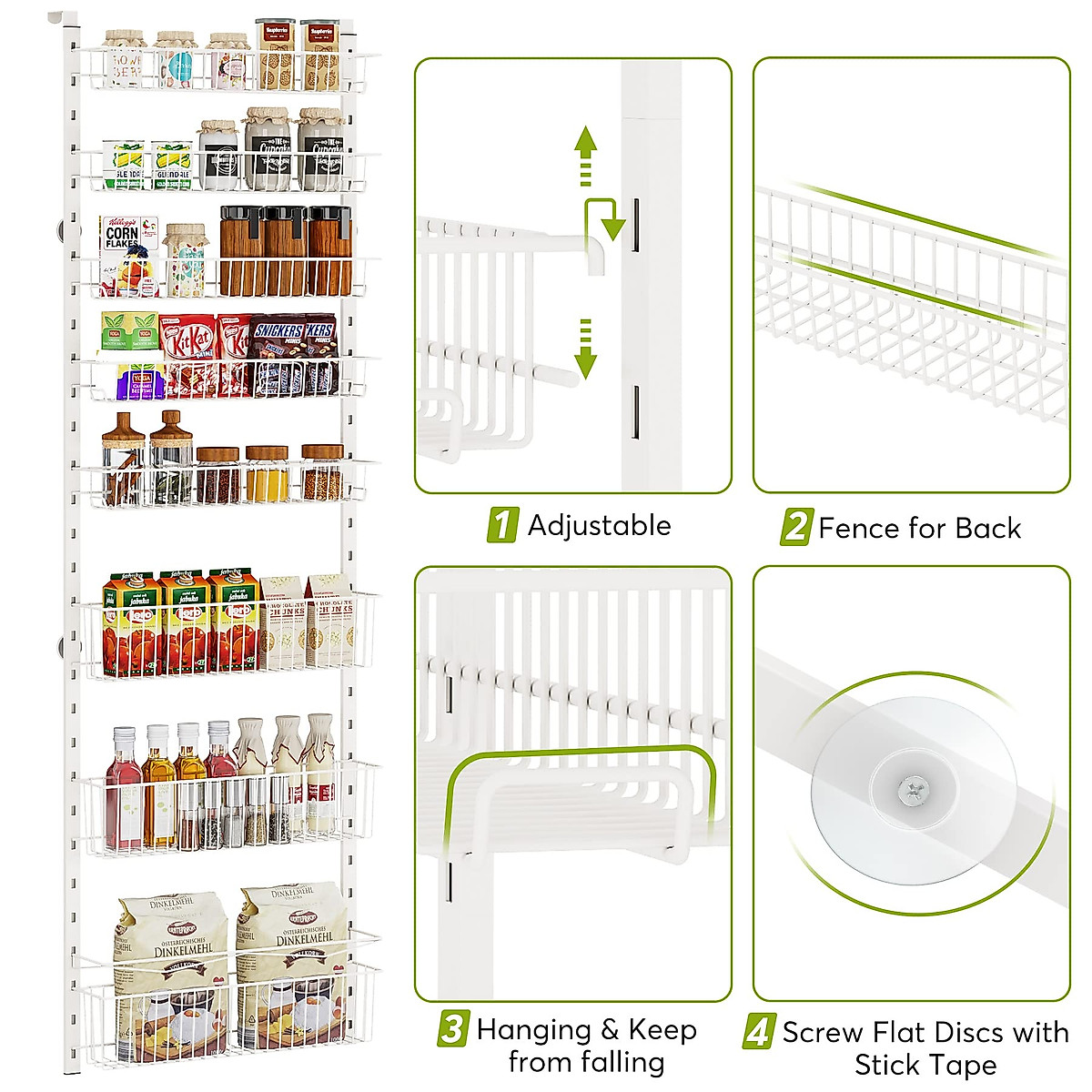 1Easylife Over The Door Pantry Organizer, 8-Tier Adjustable Baskets Pantry Organization, Metal Door Shelf with Detachable Frame, Space Saving Hanging Spice Rack for Kitchen Pantry Bathroom, Off White