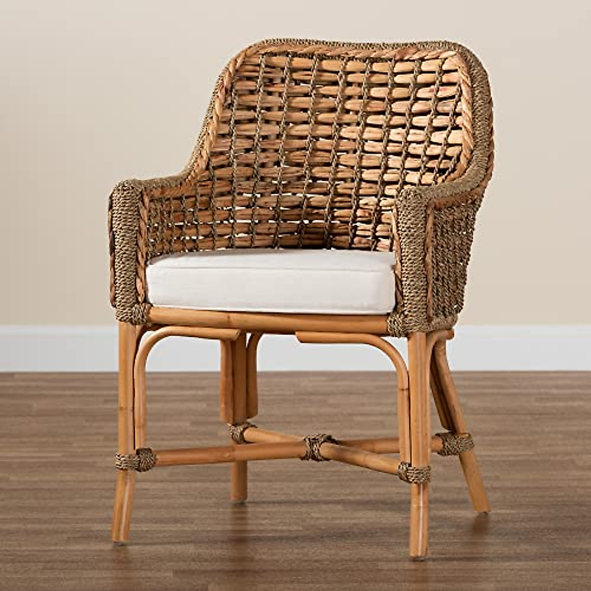 Baxton Studio Kyle Modern Bohemian Natural Brown Woven Rattan Dining Arm Chair with Cushion