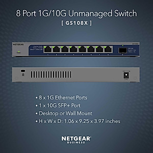 NETGEAR 8-Port 1G/10G Gigabit Ethernet Unmanaged Switch (GS108X) - with 1 x 10G SFP+, Desktop or Wall-Mount, Limited Lifetime Protection