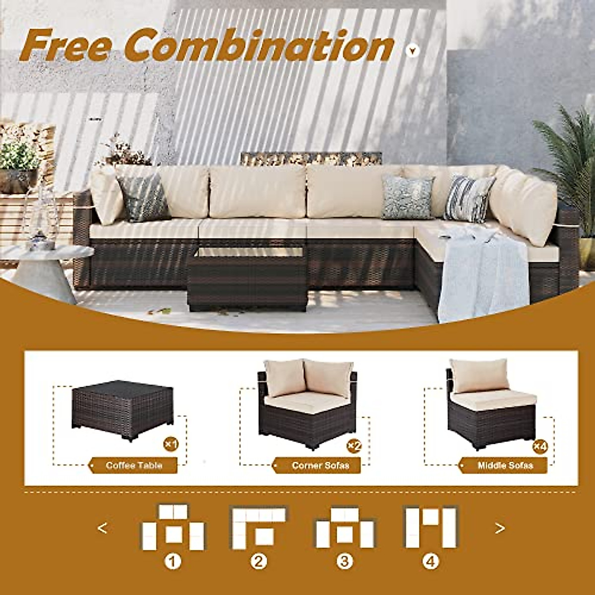 UPHA 7 Pieces Patio Furniture Set, Outdoor Sectional Brown PE Rattan Wicker Sofa Set with Cushions and Tempered Glass Coffee Table for Poolside, Lawn, Garden and Balcony