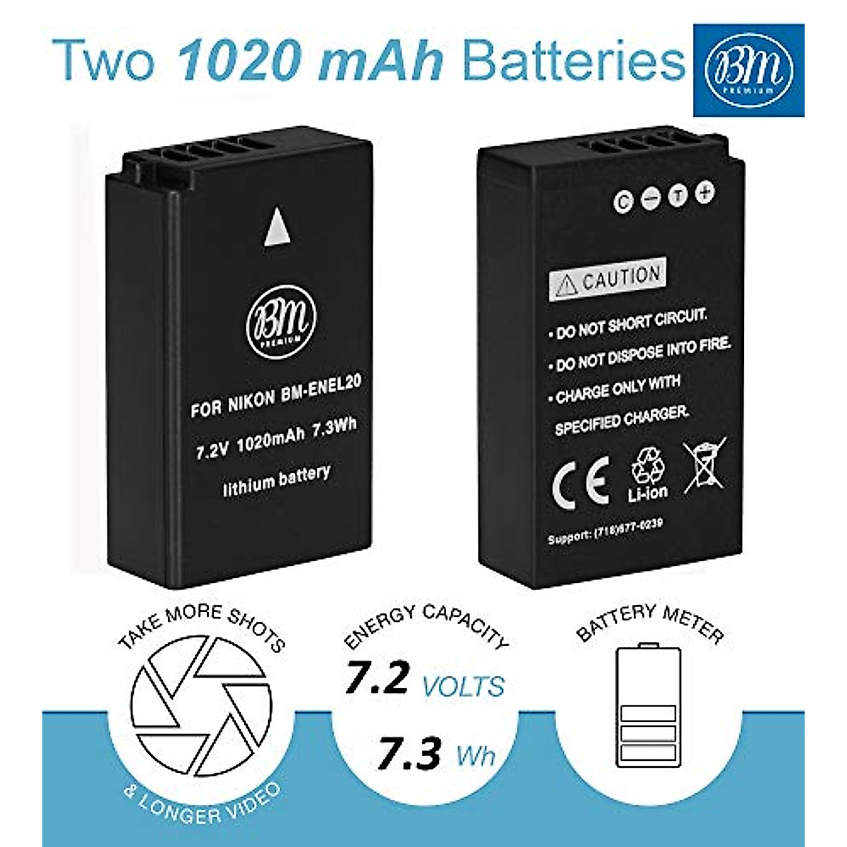 BM Premium Pack of 2 ENEL20, EN-EL20a Batteries and USB Dual Battery Charger for Nikon Coolpix P950, P1000, DL24-500, Coolpix A, 1 AW1, 1 J1, 1 J2, 1 J3, 1 S1, 1 V3 Digital Camera