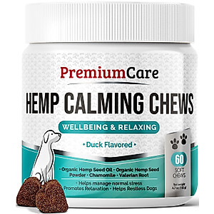 PREMIUM CARE Hemp Calming Chews for Dogs Anxiety - Made in USA, Calming Dog Treats, Dog Calming Chews - Anxiety Relief Treats, Dog Barking Deterrent, Anxiety Relief for Dogs, 60 Duck-Flavored Chews