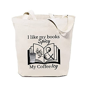 GXVUIS I Like My Books Spicy And My Coffee Icy Canvas Tote Bag for Women Aesthetic Teacher Mom Reusable Grocery Shopping Bag White