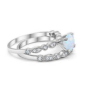 Blue Apple Co. Art Deco Style Vintage Two Piece Wedding Engagement Bridal Set Ring Band Round Creatd White Opal 925 Sterling Silver, Size-8