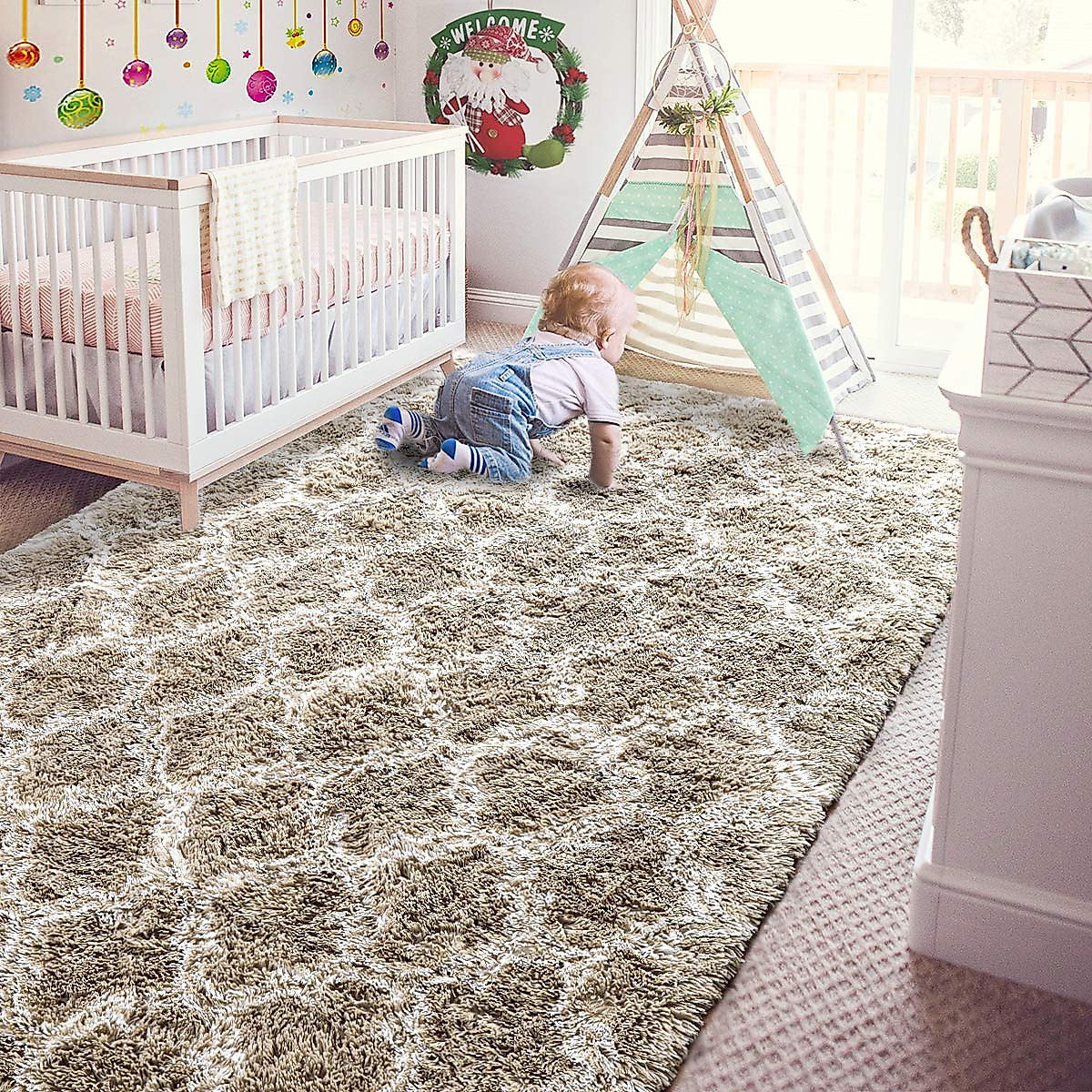 Andecor 5x8 Area Rugs for Bedroom Living Room, Shaggy Geometric Indoors Carpet for Dorm Girls Boys Kids Room Nursery Home Decor Aesthetic Rug, Camel and White