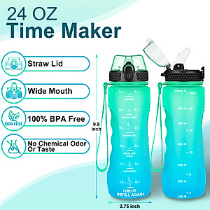 AIDEAMART 24 OZ Motivational Kids Water Bottle With Time Marker,Straw Lid,Leak Proof, Tritan BPA Free Sports Water Bottle Green-Blue(1 Lid)
