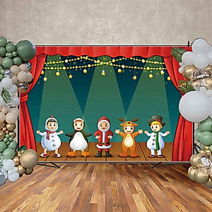 MOONDECO Photography Backdrop 5x3ft Christmas Red Curtain Gold Star Ball Lights Dance Stage Background Children Wood Plank Floor Party Photo Booth