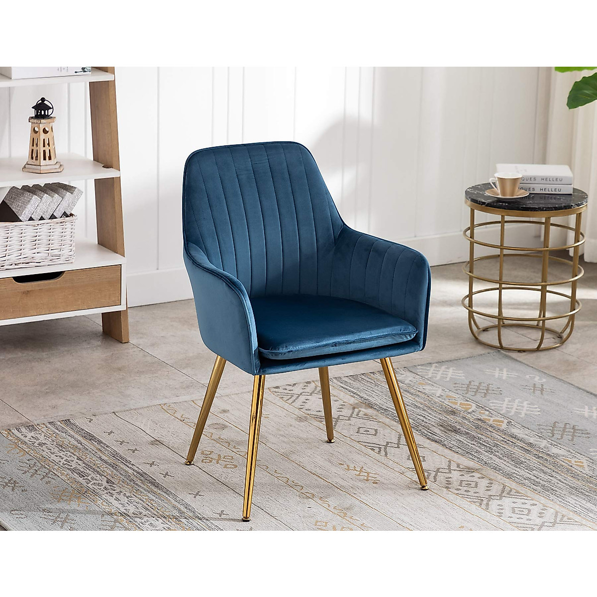 Artechworks Velvet Modern Living Dining Room Arm Chair for Home Office Club Leisure Guest Lounge Bedroom Upholstered with Gold Metal Legs, Blue, 1pcs Chair