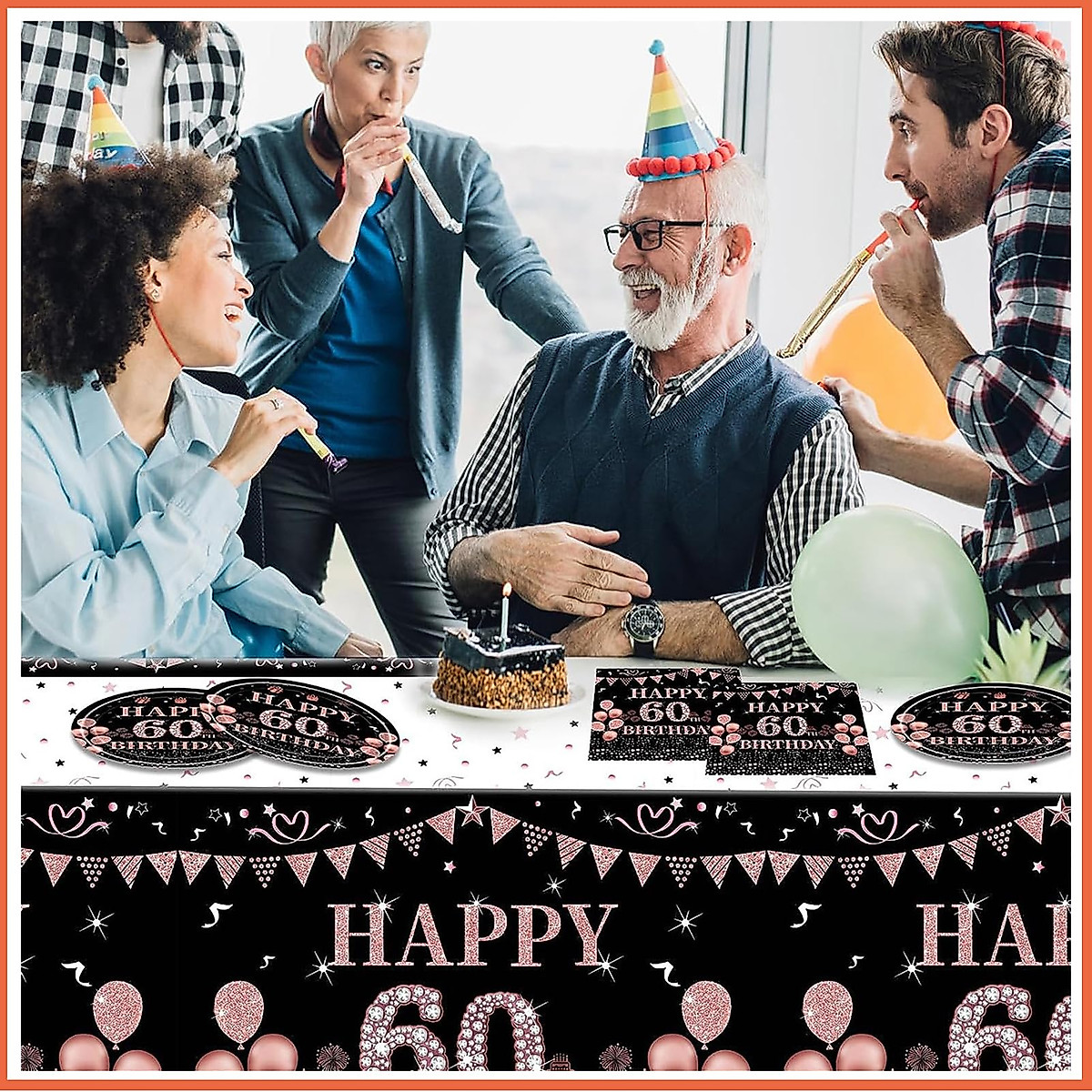 Black Rose Gold Birthday Party Supplies,Disposable Party Tableware Sets - 60 Years Paper Plates,Napkins,Plastic Forks Knives,Tablecloths,60th Birthday Decorations for Men,24 Guests