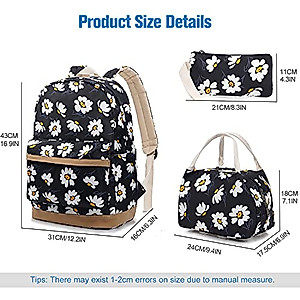 Flowers Backpack Kids School Bag 3-in-1 Bookbag Set, Junlion Laptop Backpack Lunch Bag Pencil Case Gift for Teen Girls Womens Daisy Black
