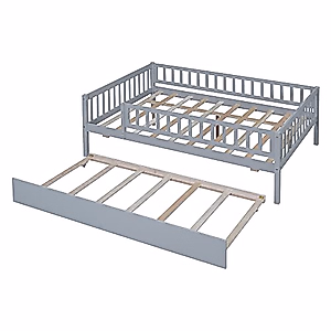 P PURLOVE Full Daybed with Trundle, Daybed Frame with Fence Guardrails, Wood Daybed for Boys, Girls and Young Teens, No Box Spring Needed (Gray)