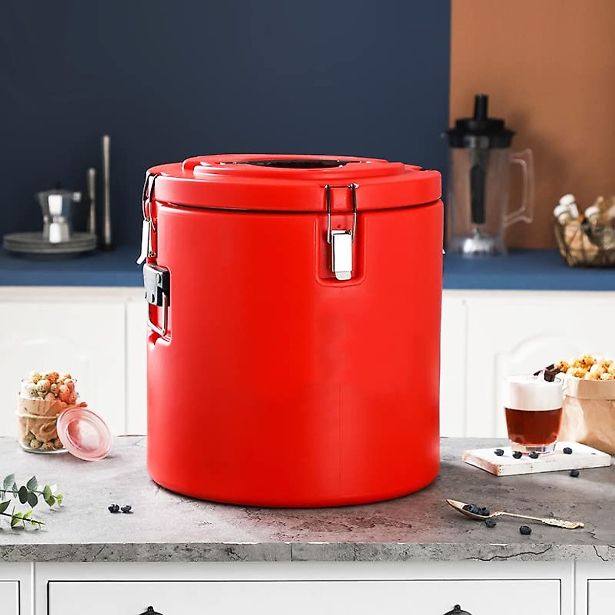 Insulated Soup Pan Carrier Portable Commercial Hot -Cold Hot Box Food Warmer Large Insulation Barrel Cooler Carrier 15Qt 18/8 Stainless Steel Lining with Dust Cover (Red, 13Qt)