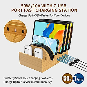 Bamboo Charging Station for Multiple Devices, Alltripal Wood Desktop Docking Station 7-Port Multi-Charger Organizer Fast USB Charger Compatible with iPhone, iPad, AirPods, iWatch, Cell Phone, Tablet