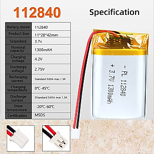 YDL 3.7V 1300mAh 112840 Lipo Battery Rechargeable Lithium Polymer ion Battery Pack with JST Connector