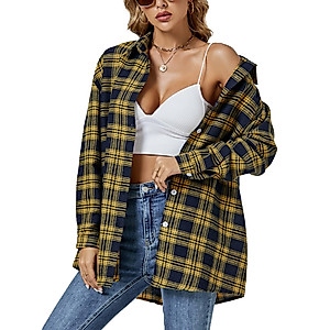 LYANER Women's Long Sleeve Plaid Collar Button Down Boyfriend Shirt Blouse Top Yellow and Blue Large