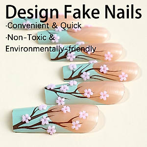 French Tip Press on Nails Coffin Green Fake Nails with Cherry Blossom or Arizona Tea Peach Blossom and Tree Branch Decoration Designs 3D Flower Gems Glossy Square Long Acrylic Nails Press on for Women