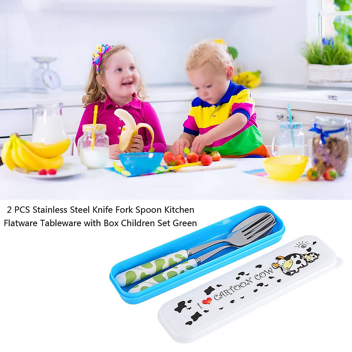 Children Flatware Set, Stainless Steel Fork Spoon with Storage Box Dinner Utensils Spoon Fork Set with Travel Case Toddler Travel Utensils for Kids Toddlers (Green)