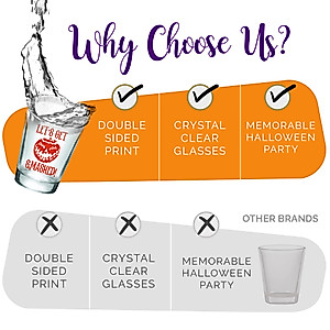 Let's Get Smashed Halloween Shot Glasses - Set of 12 Glass Decor Cups, Double Sided Print - Clear Decorative Drinking Glassware for Tequila, Vodka, Liquor Drinks - Barware for Themed Party (Orange)