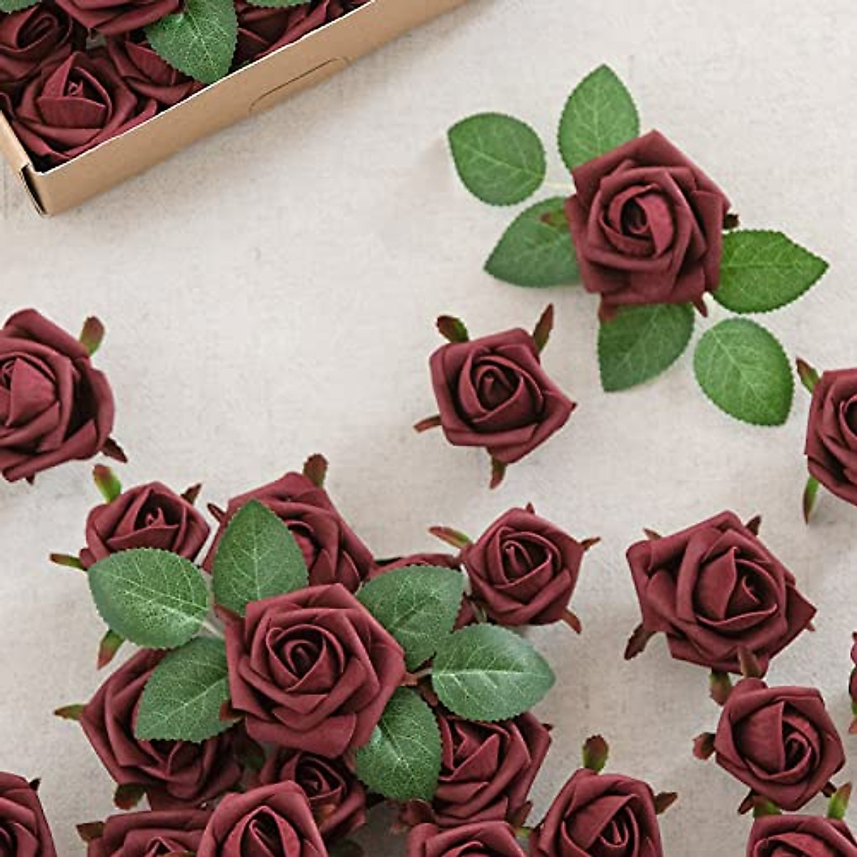 Fasjewly 25pcs Artificial Flower Foam Rose，Handmade Big Fake Flower Heads Red Roses for DIY Wedding Bouquets Bridal Shower Party Home Decorations with Box(25 Heads-Burgundy)