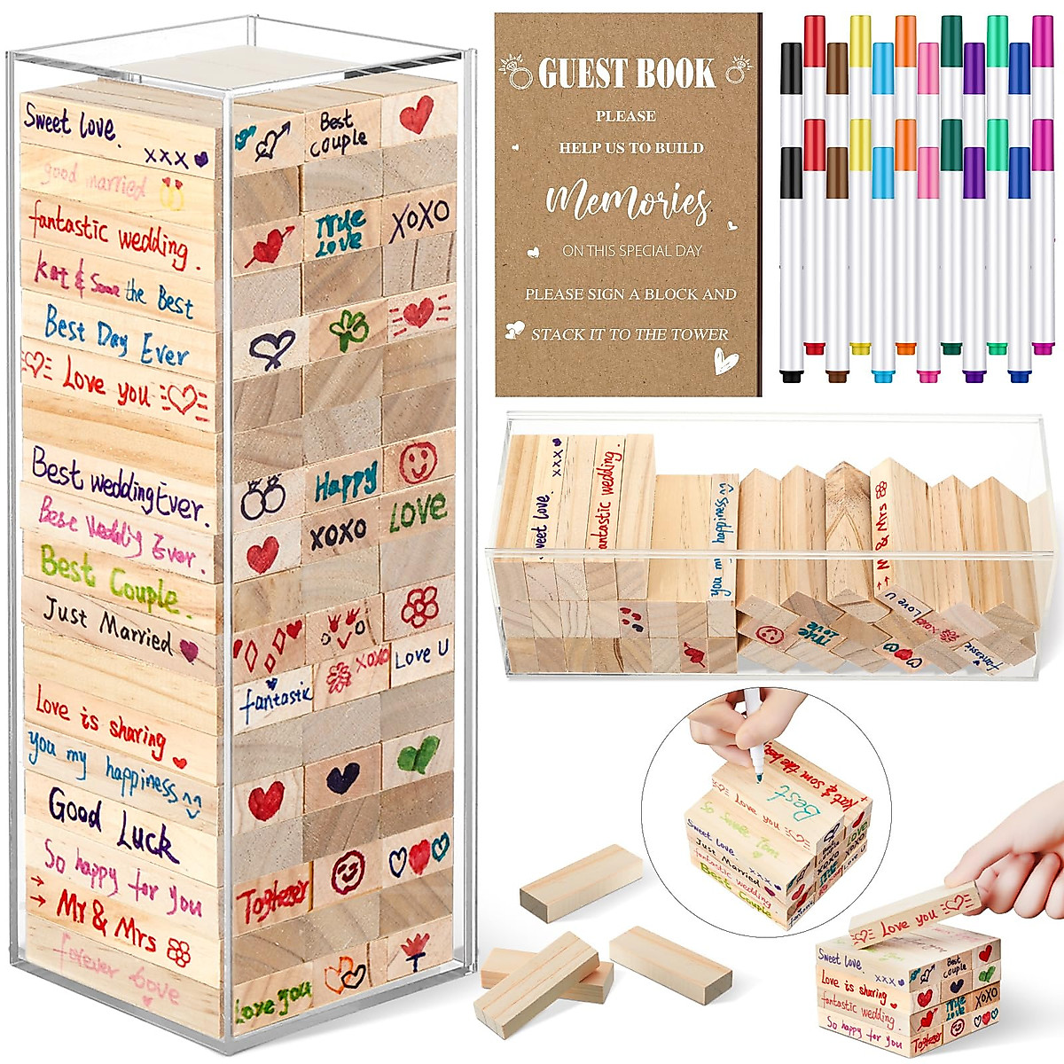 Beeveer 80 Pcs Wedding Guest Book Alternative Wooden Block Guest Book for Wedding Sign in Wedding Book Wooden Block Wedding Games Bridal Shower Game for Wedding Sign in, Reception(Boho)